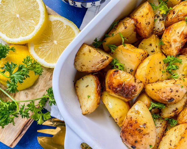Roasted Lemon Greek Potatoes - The Edgy Veg